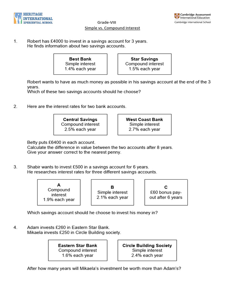 Simple vs Compound Interest Worksheet (1) (3) | PDF