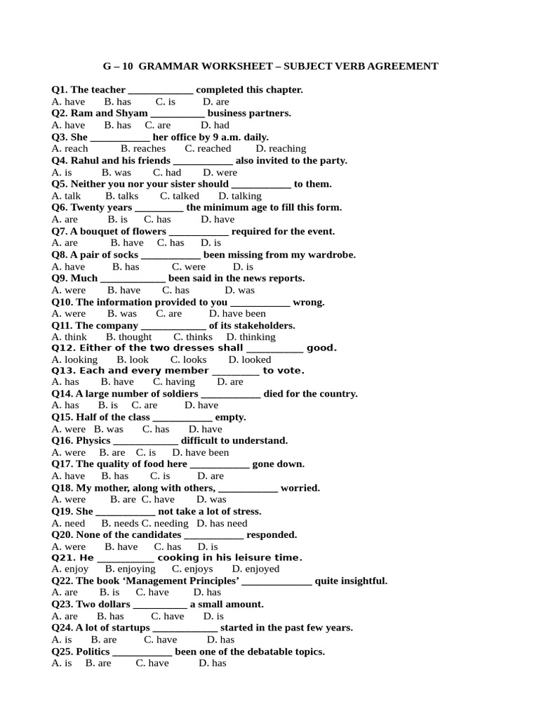 g 10 Grammar Worksheet - Subject Verb Agreement | PDF