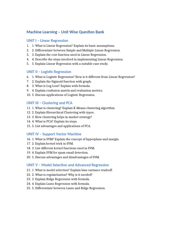 Unit Wise Machine Learning Question Bank | PDF
