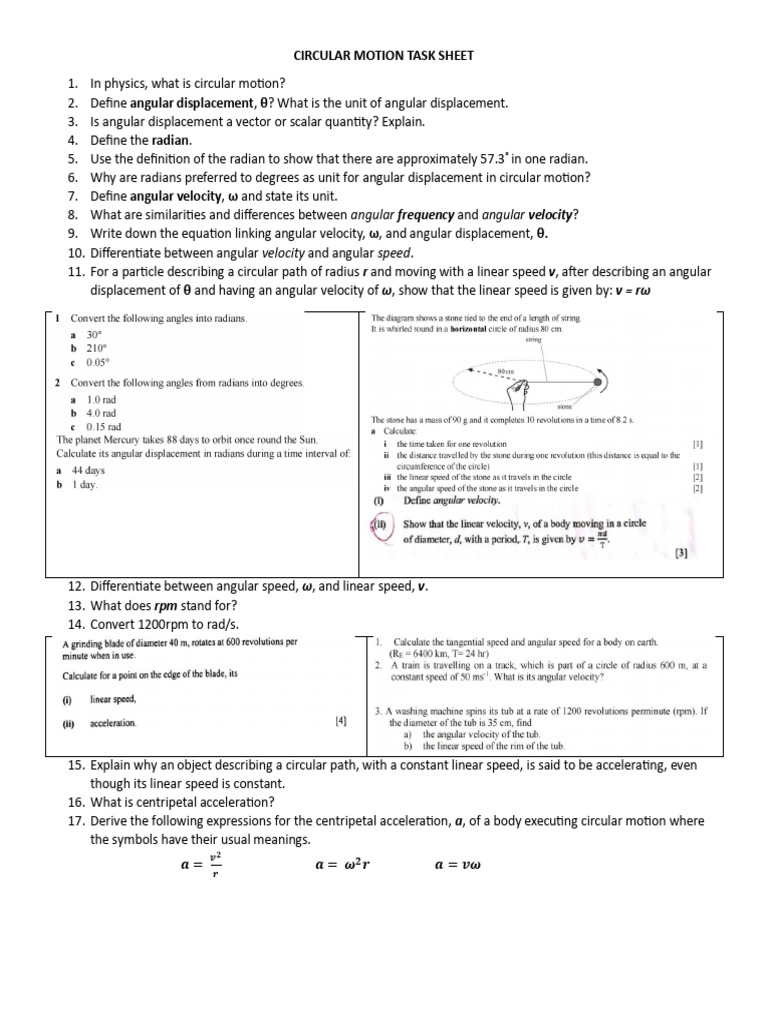 7 Circular Motion Task Sheet | PDF | Velocity | Acceleration