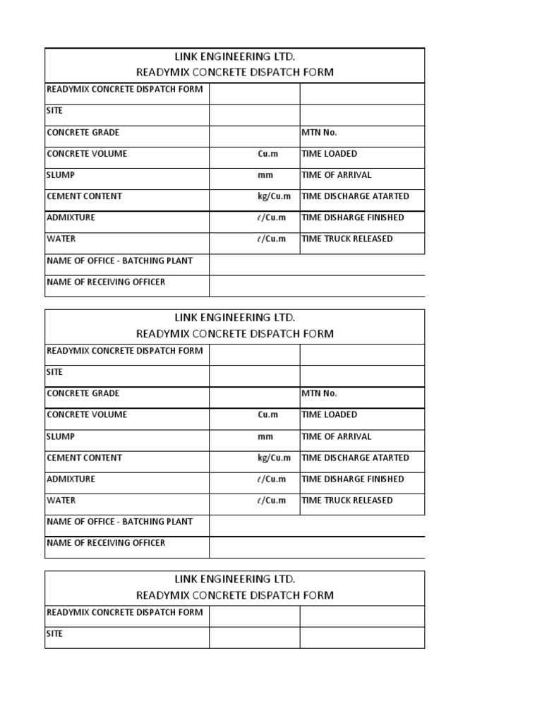 Link Engineering Ltd. Readymix Concrete Dispatch Form | PDF