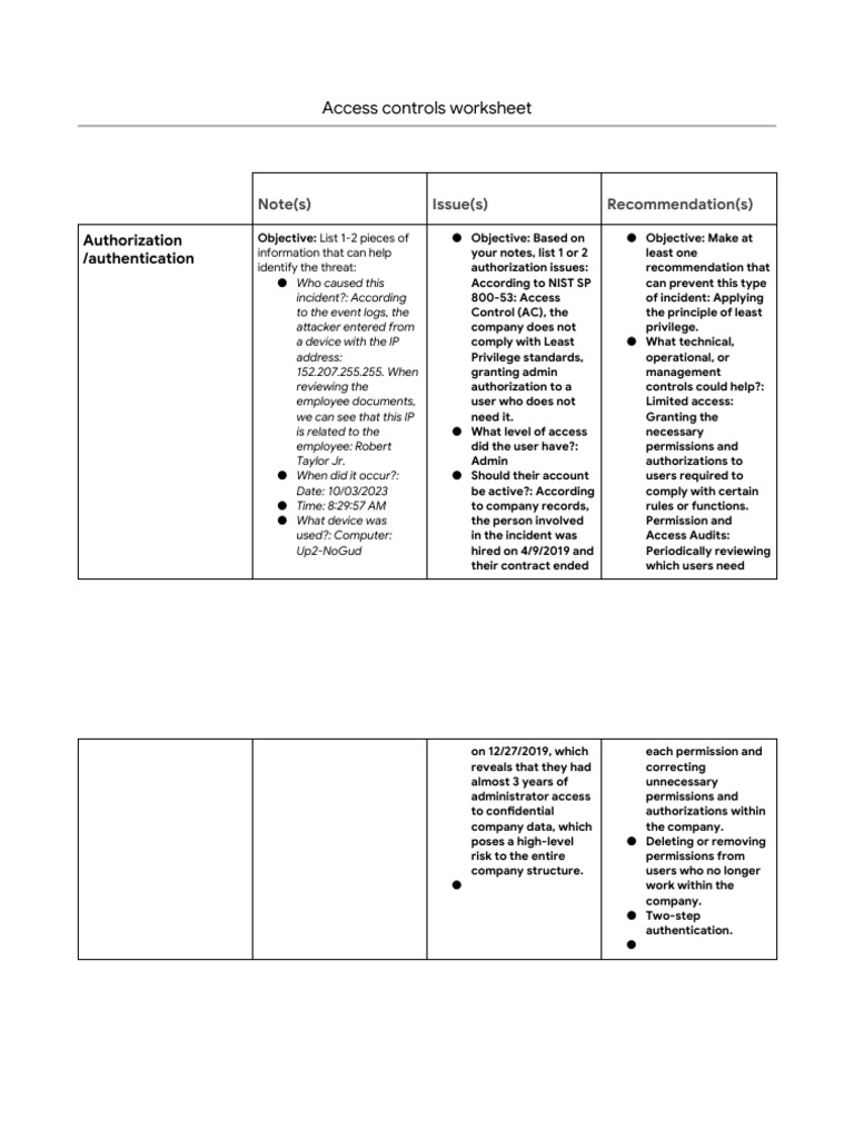 Access Control Worksheet | PDF | Access Control | Authentication