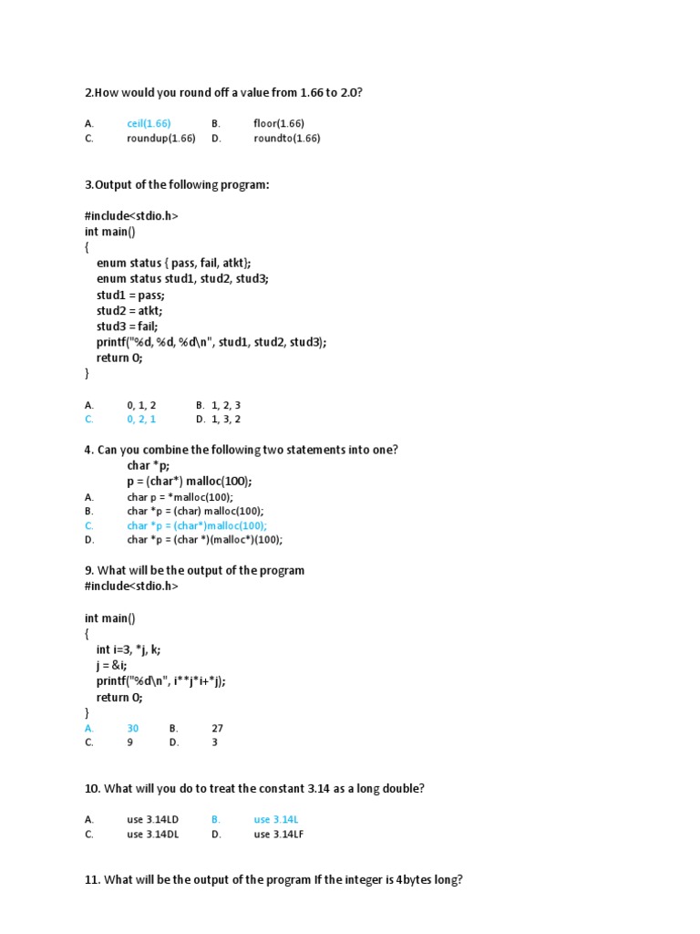 Round value to 2.0, enum output, combine statements, pointer program output | PDF | C ...