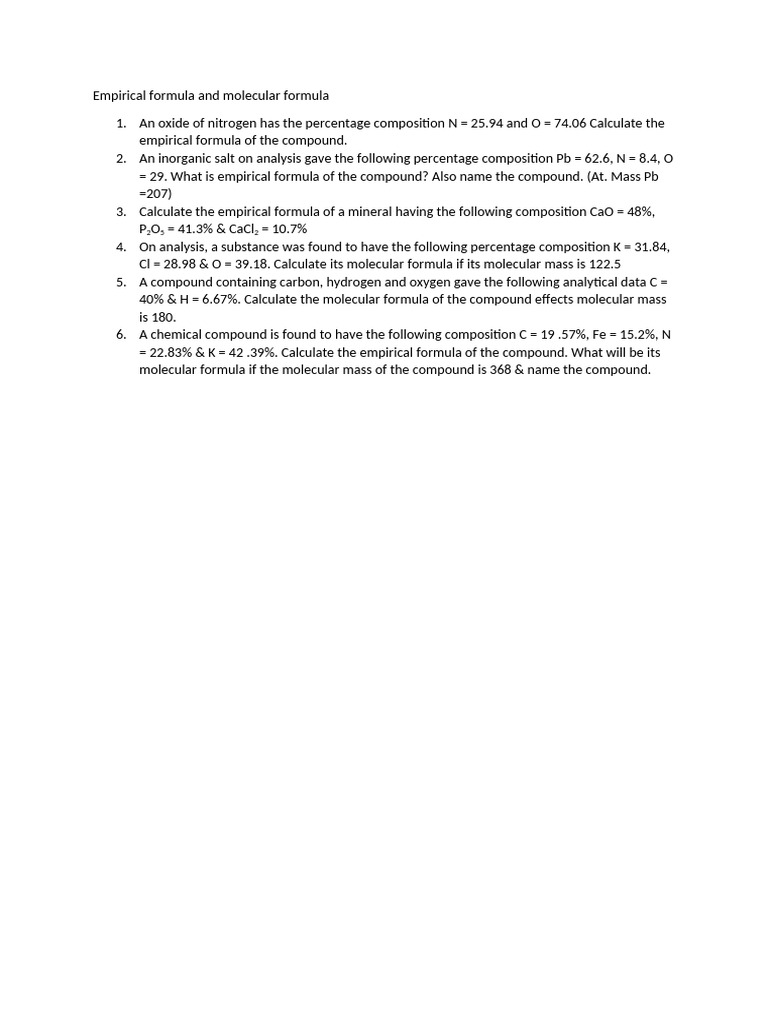 Empirical Formula and Molecular Formula | PDF
