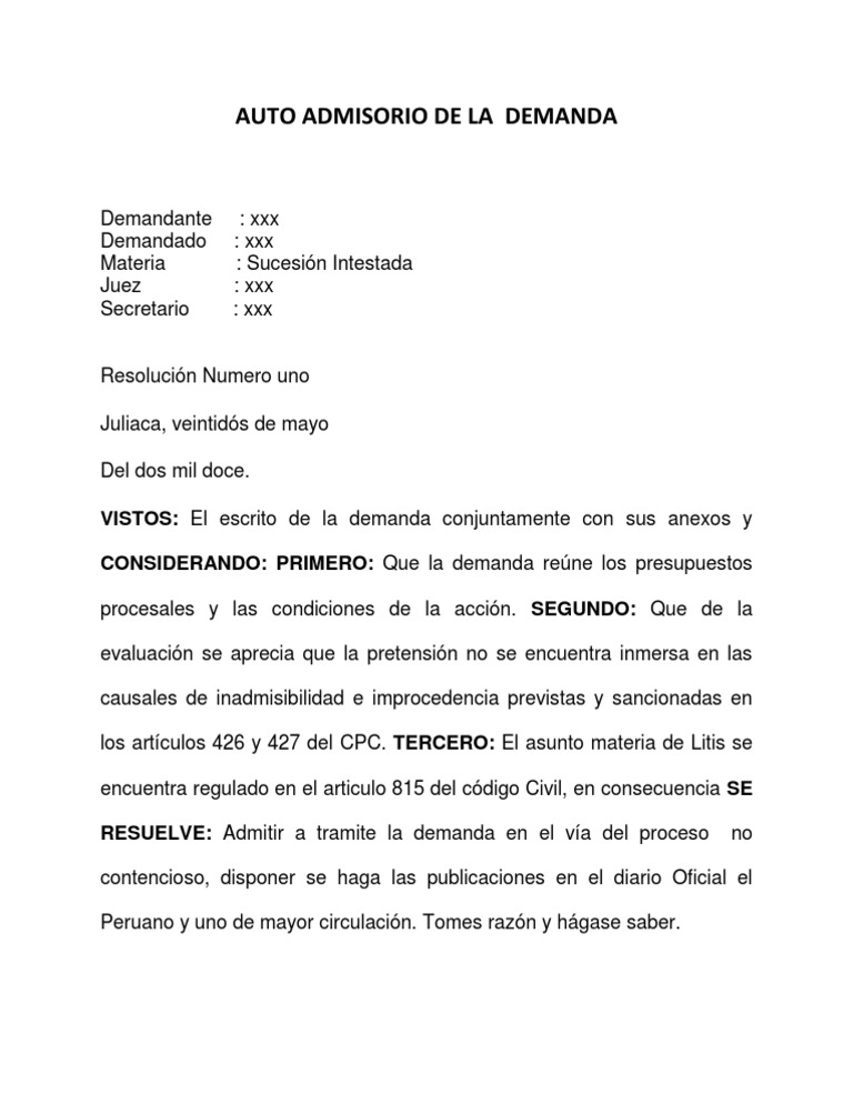Auto Admisorio a La Demanda