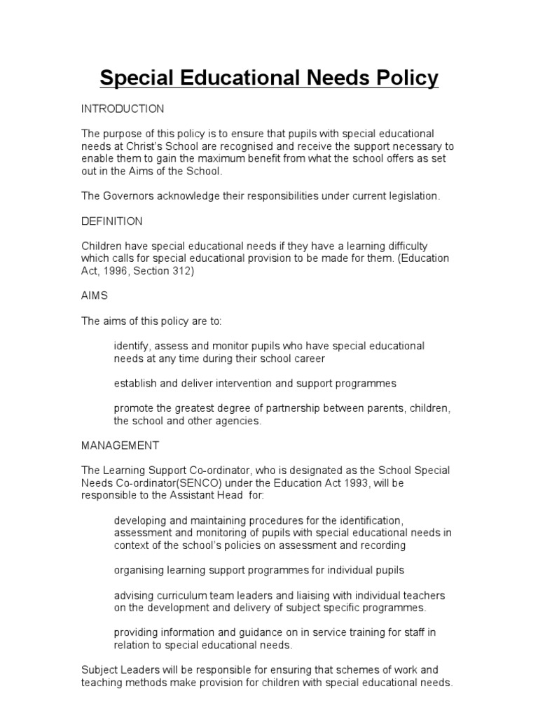 Special Needs Policy | PDF | Special Education | Curriculum