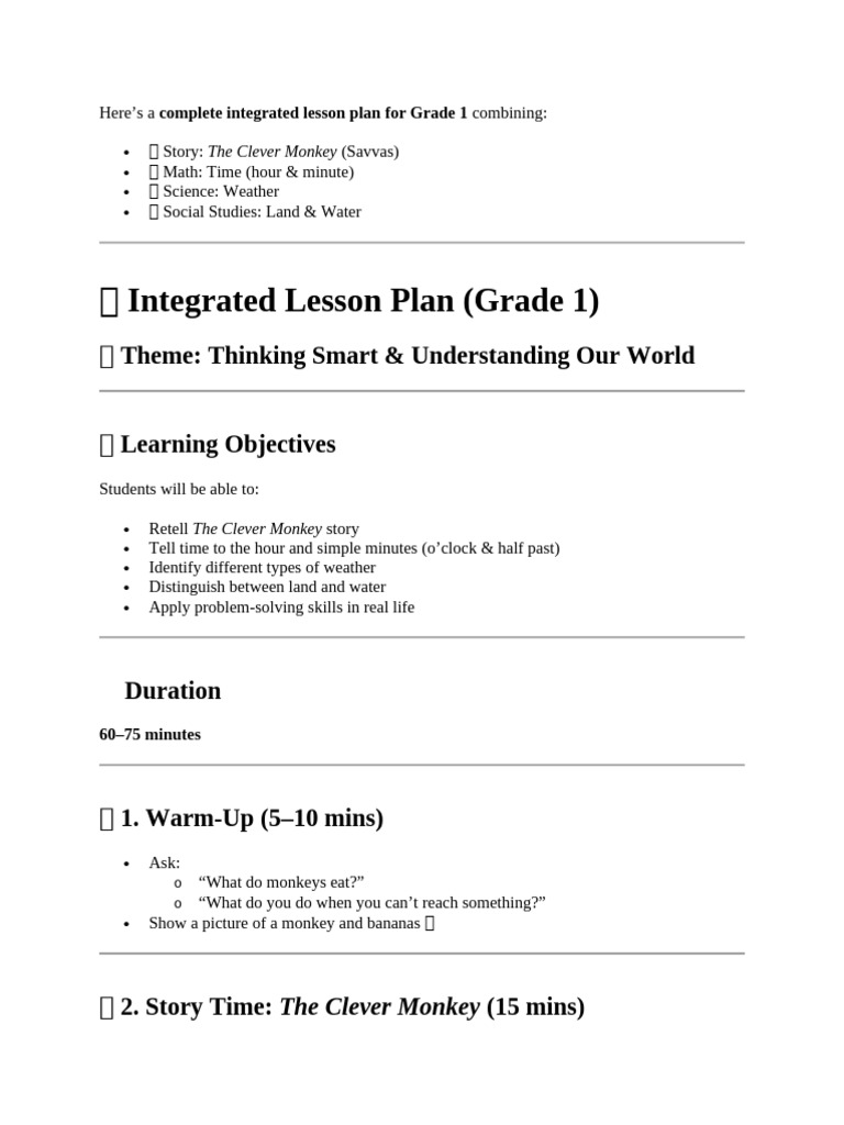 ? Integrated Lesson Plan (Grade 1) Clever Moneky | PDF | Lesson Plan ...