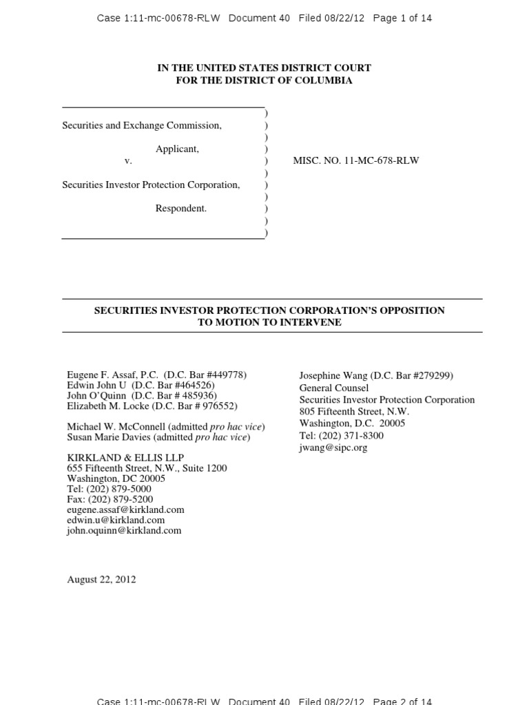SIPC Opposition To Motion To Intervene | PDF | Intervention (Law) | Lawsuit
