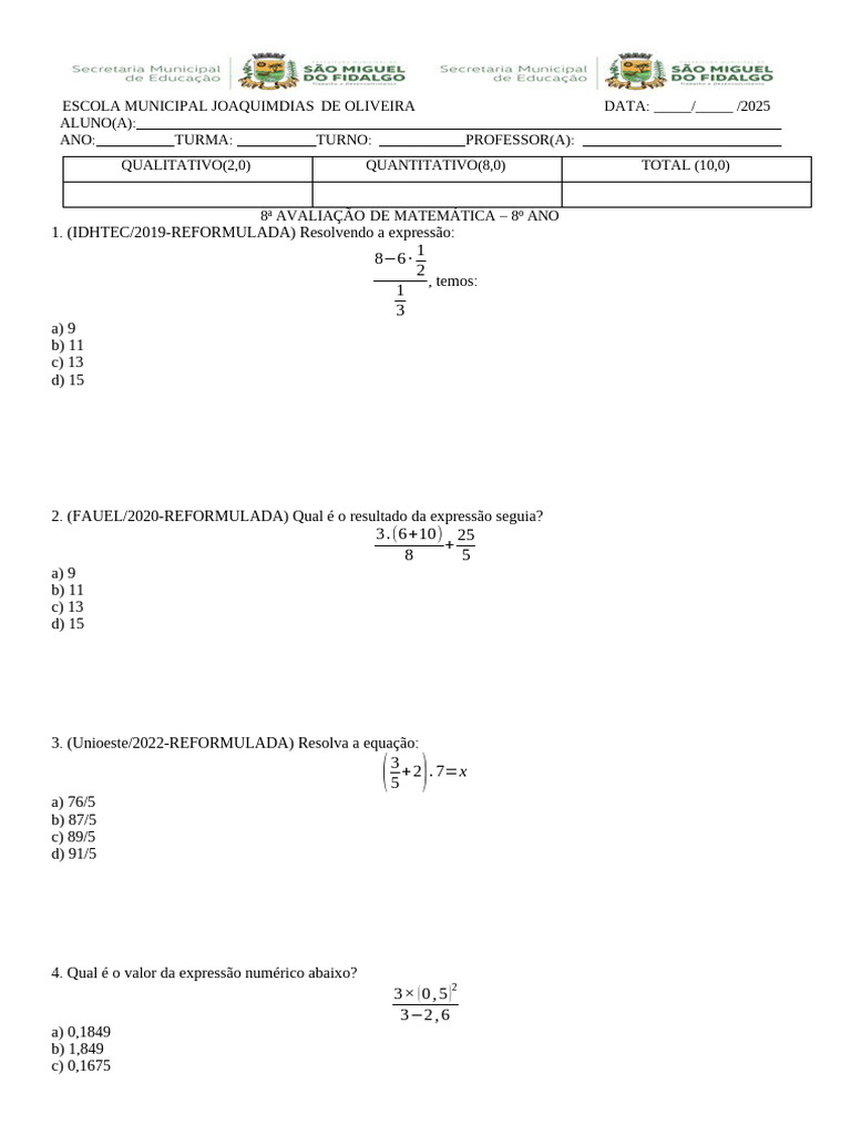 8ª Avaliação de Matemática 8º Ano - 2025 | PDF | Álgebra | Matemática ...