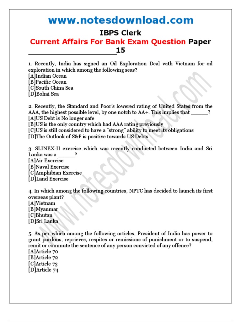 IBPSClerk Current Affairs For Bank Exam Question Paper 15 | PDF | Pardon