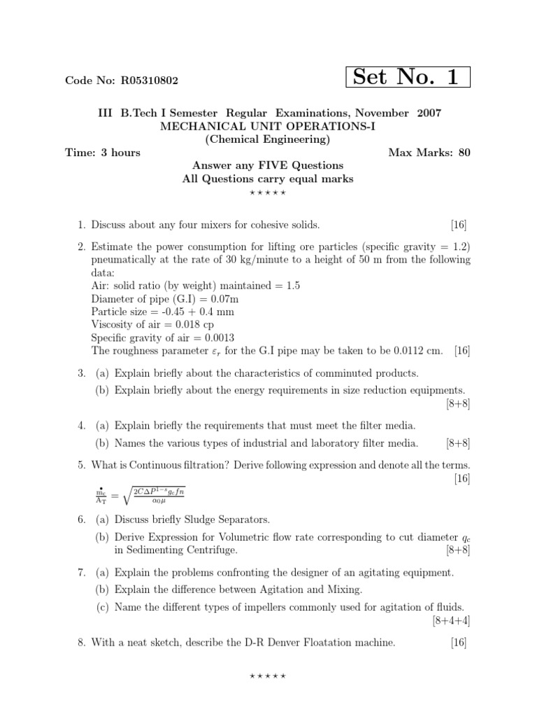 r05310802 Mechanical Unit Operations I | PDF
