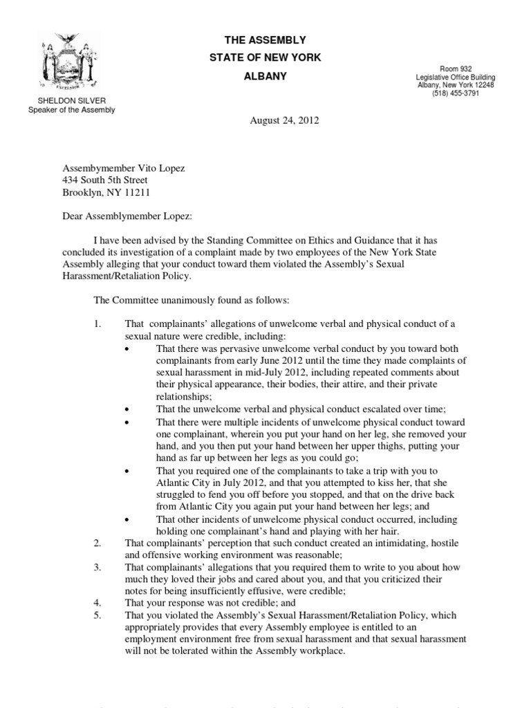 Vito Lopez Letter 8-24-12 | PDF | Sexual Harassment | Injustice