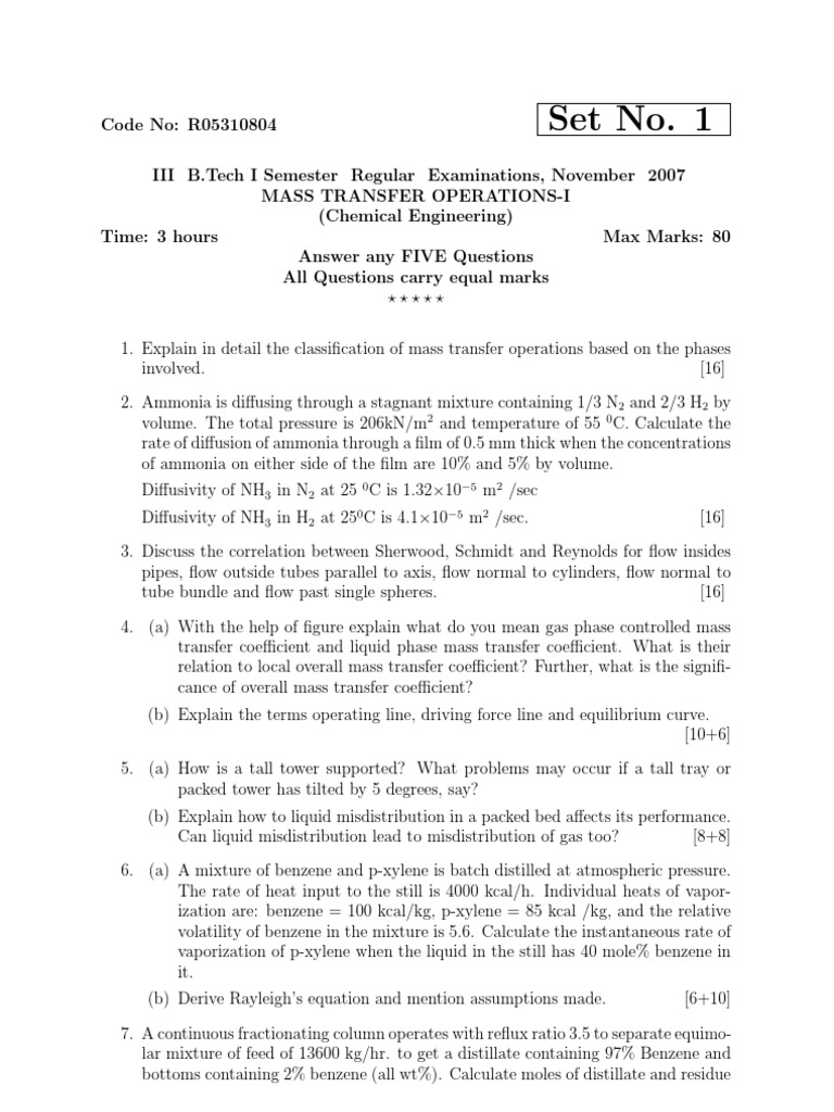 r05310804 Mass Transfer Operations I | PDF | Distillation | Diffusion