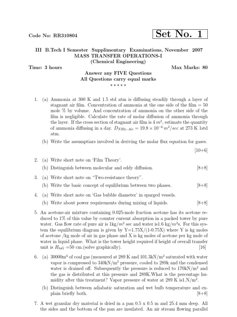 Mass Transfer Operations Exam Questions | PDF | Humidity | Evaporation