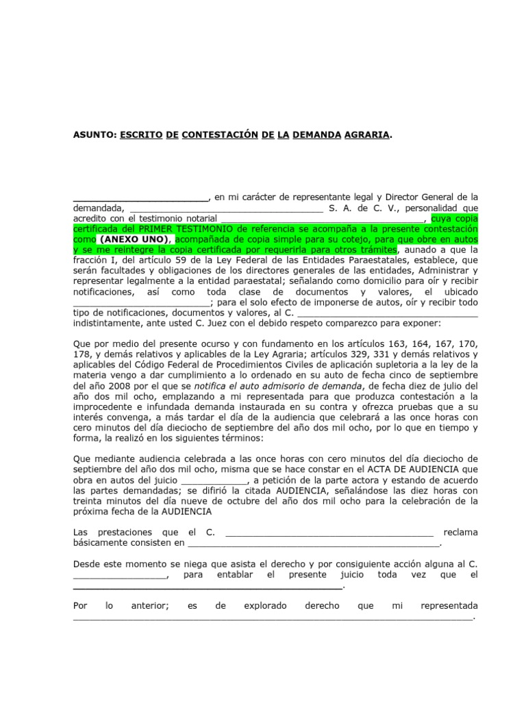 Escrito de Contestacion a la Demanda Agraria | Demanda judicial | Ley común
