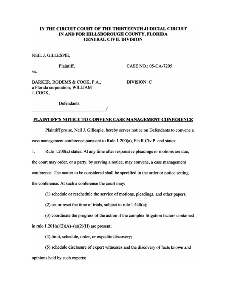 Plaintiff Notice To Convene Case Management Conference, 05-CA-7205, Apr ...