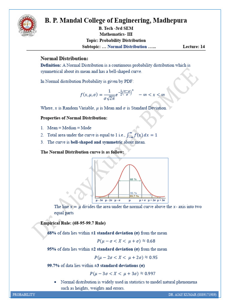 Probability, Lecture 14, Normal Distribution | PDF | Normal ...
