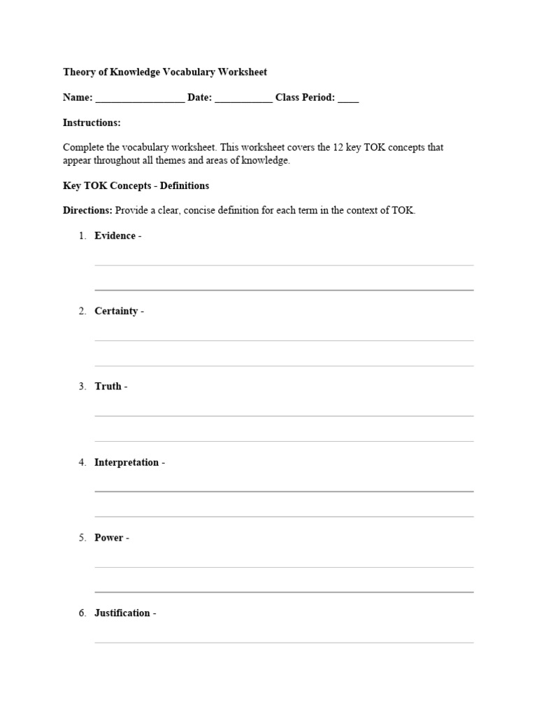 Theory of Knowledge Vocabulary Worksheet | PDF
