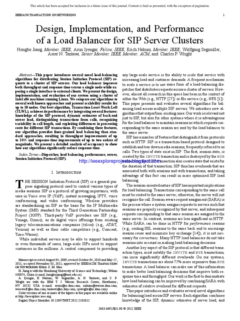 Design Implementation And Performance Of A Load Balancer For Sip Server Clusters Pdf