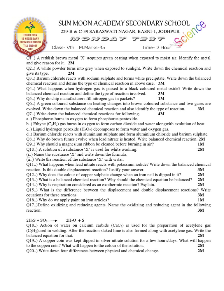 Chemical Reaction Sma Test | PDF | Chemical Reactions | Chemical Substances