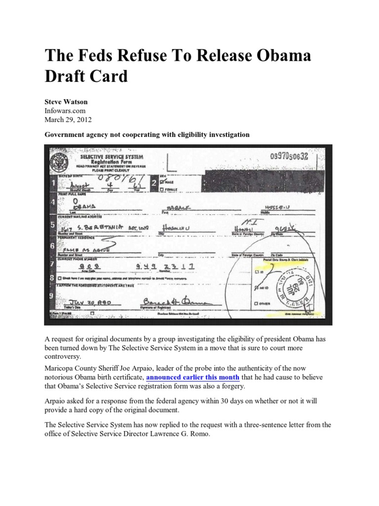 The Feds Refuse To Release Obama Draft Card | PDF | Selective Service ...