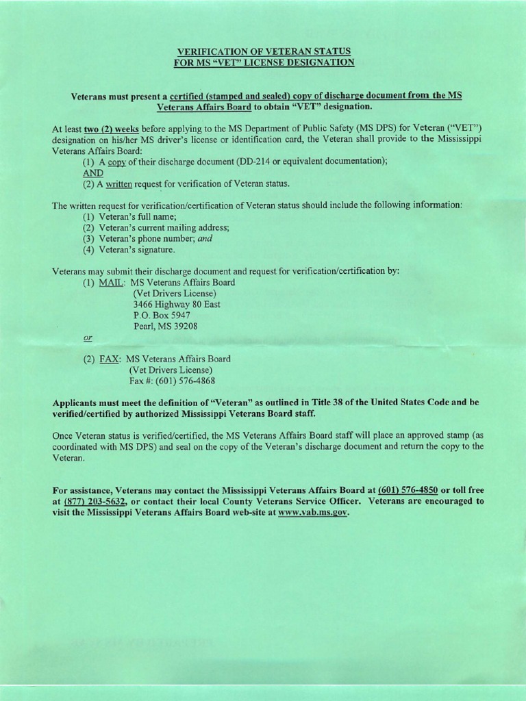 Verification of Veteran Status For MS "VET" DRIVERS LICENSE DESIGNATION ...