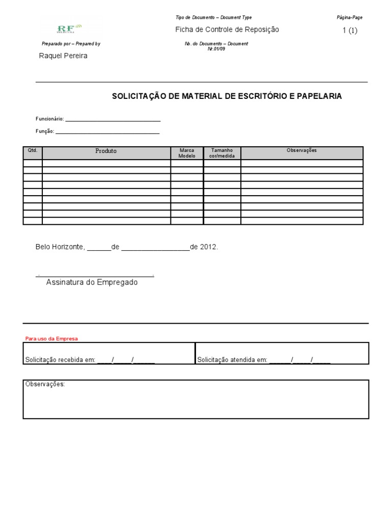 Ficha de solicitação de material