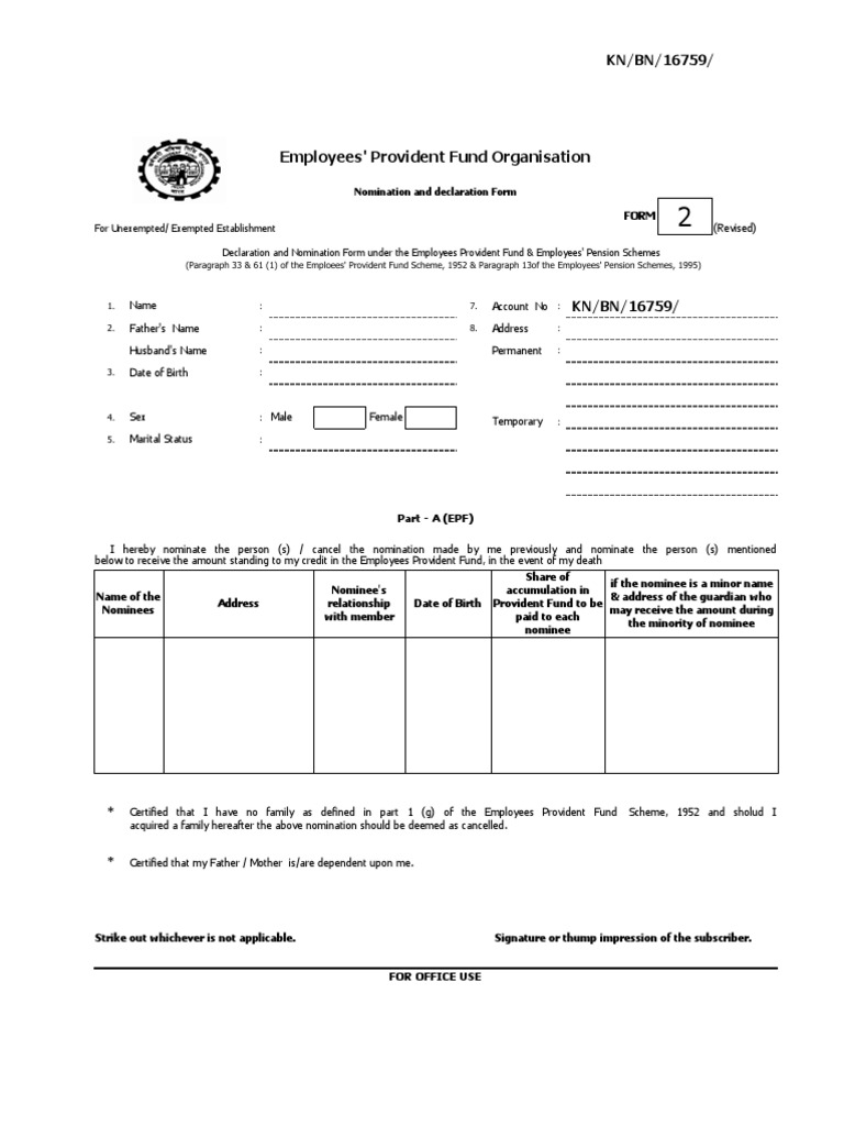 Form 2 - Pf Nomination | Retirement | Government Information