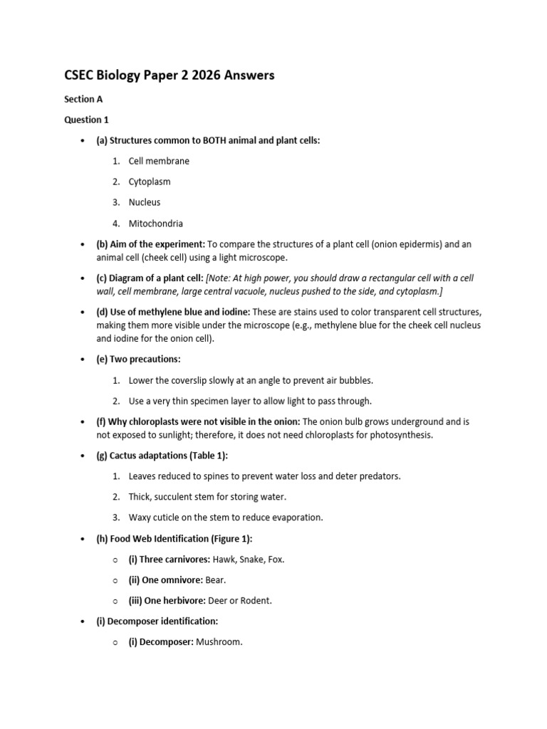 CSEC Biology Paper 2 2026 Answers | PDF | Cell (Biology) | Fruit