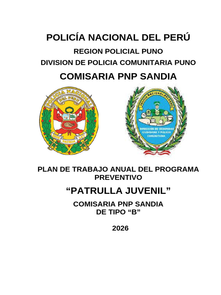 PLAN DE TRABAJO PATRULLA JUVENIL - 2026 COMISARIA SANDIA. (1) | PDF ...
