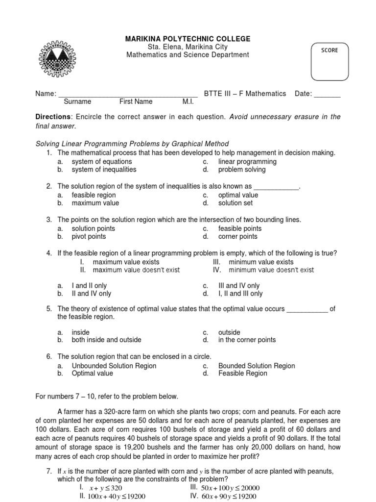 Fs5 Quiz Pdf Linear Programming Mathematical Optimization