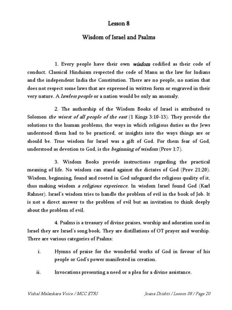 Wisdom: Lesson 8 Wisdom of Israel and Psalms | PDF | Wisdom | Psalms