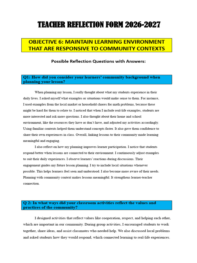 Teacher Reflection Form 2026 | PDF | Teachers | Learning