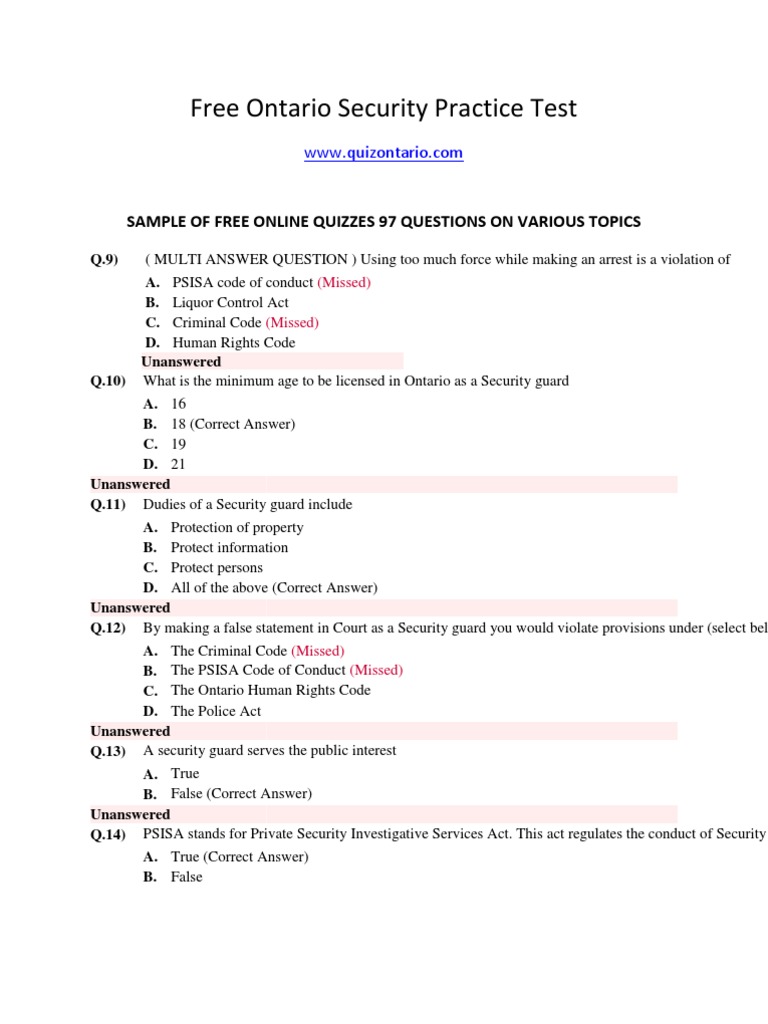 Free Ontario Security Practice Test | PDF | Security Guard | Private ...
