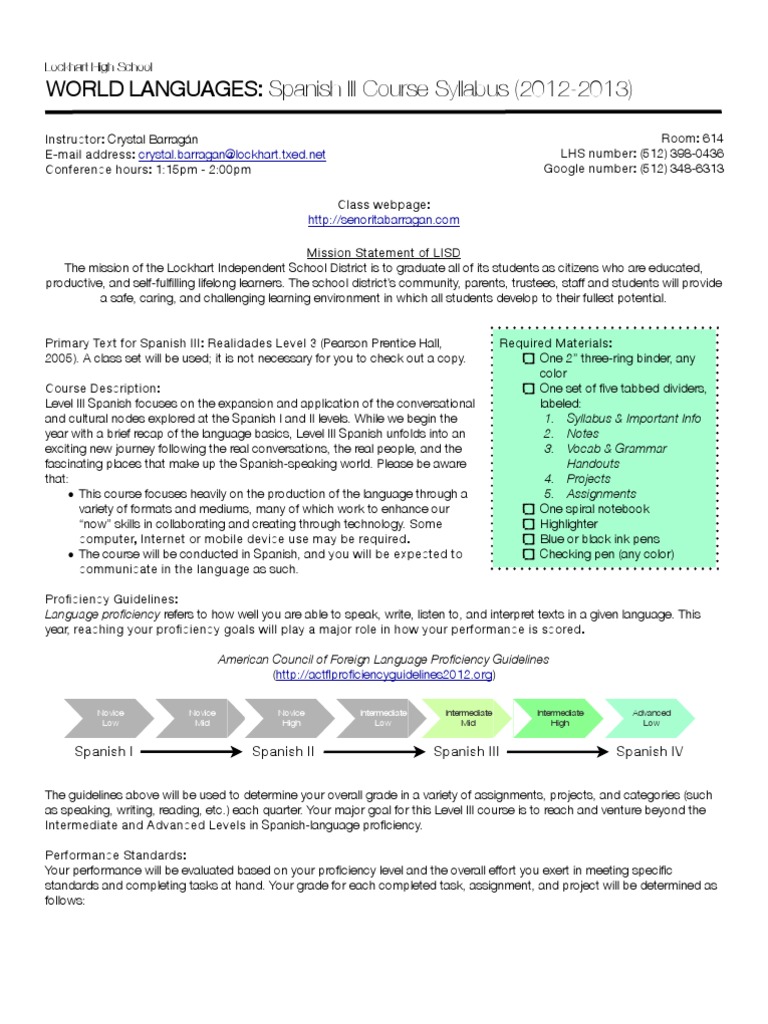 LHS Spanish III Course Syllabus | PDF | Homework | Pedagogy