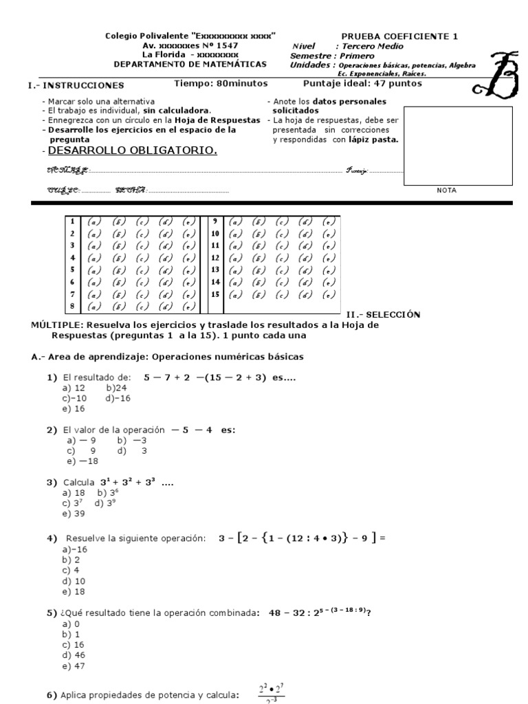 Prueba Matematicas 3 Medio | PDF | Álgebra | Enseñanza de matemática