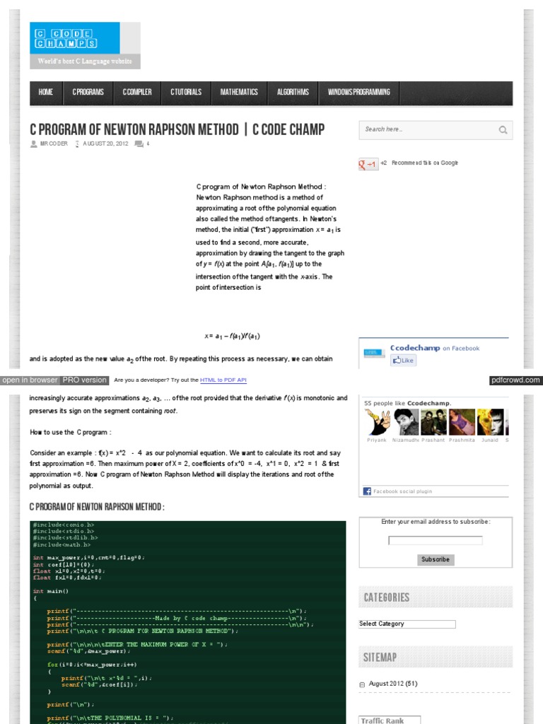 Ccodechamp Com C Program of Newton Raphson Method C Code Cha | PDF | Zero Of A Function | Tangent