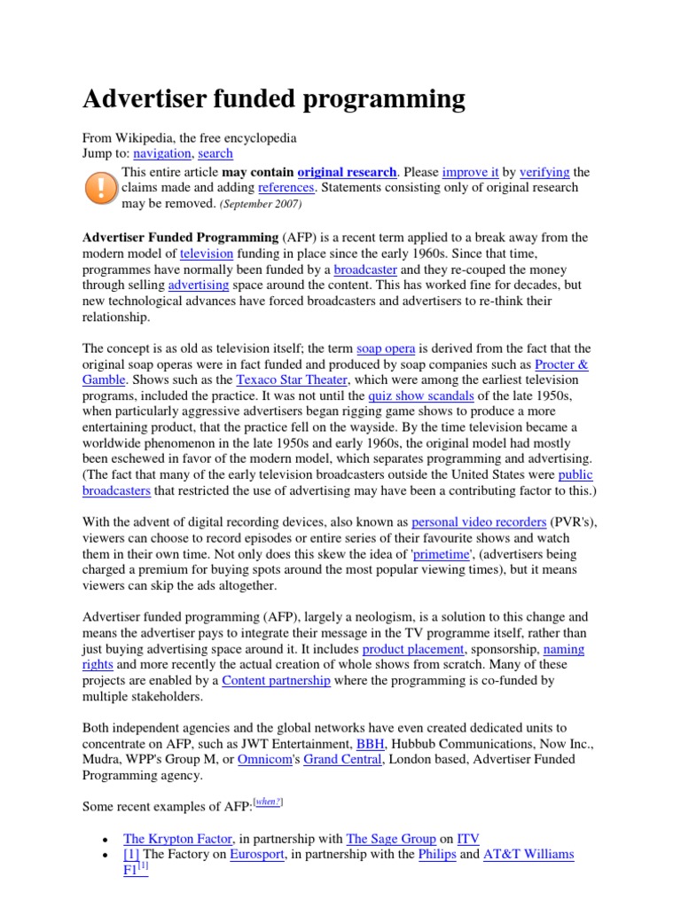 Advertiser Funded Programming: Advertiser Funded Programming (AFP) Is A ...