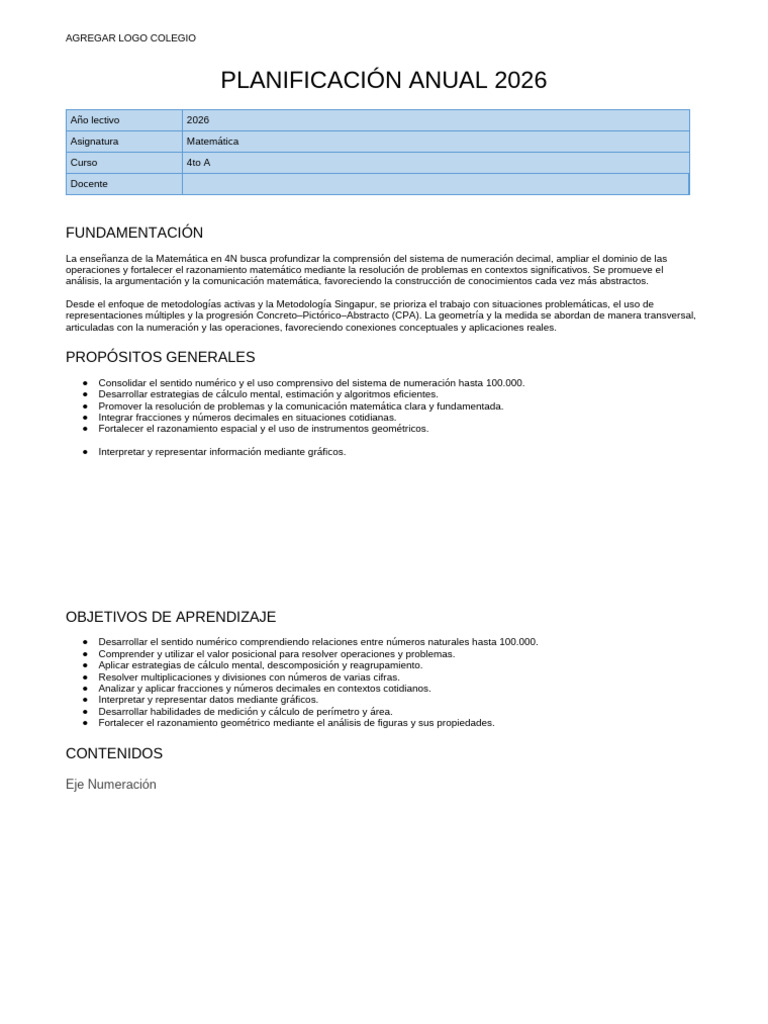 4to Grado Planificación Anual 2026 I | PDF | Geometría | Matemáticas