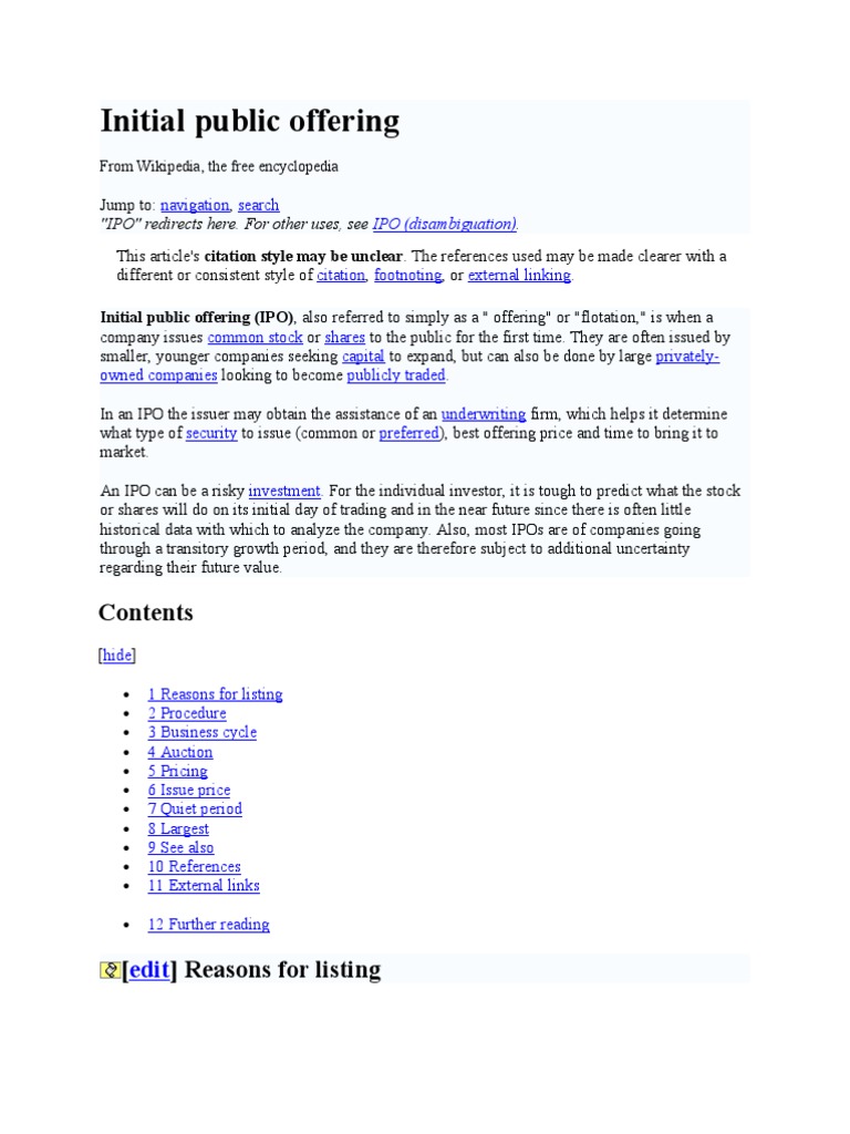 Initial Public Offering: "IPO" Redirects Here. For Other Uses, See ...