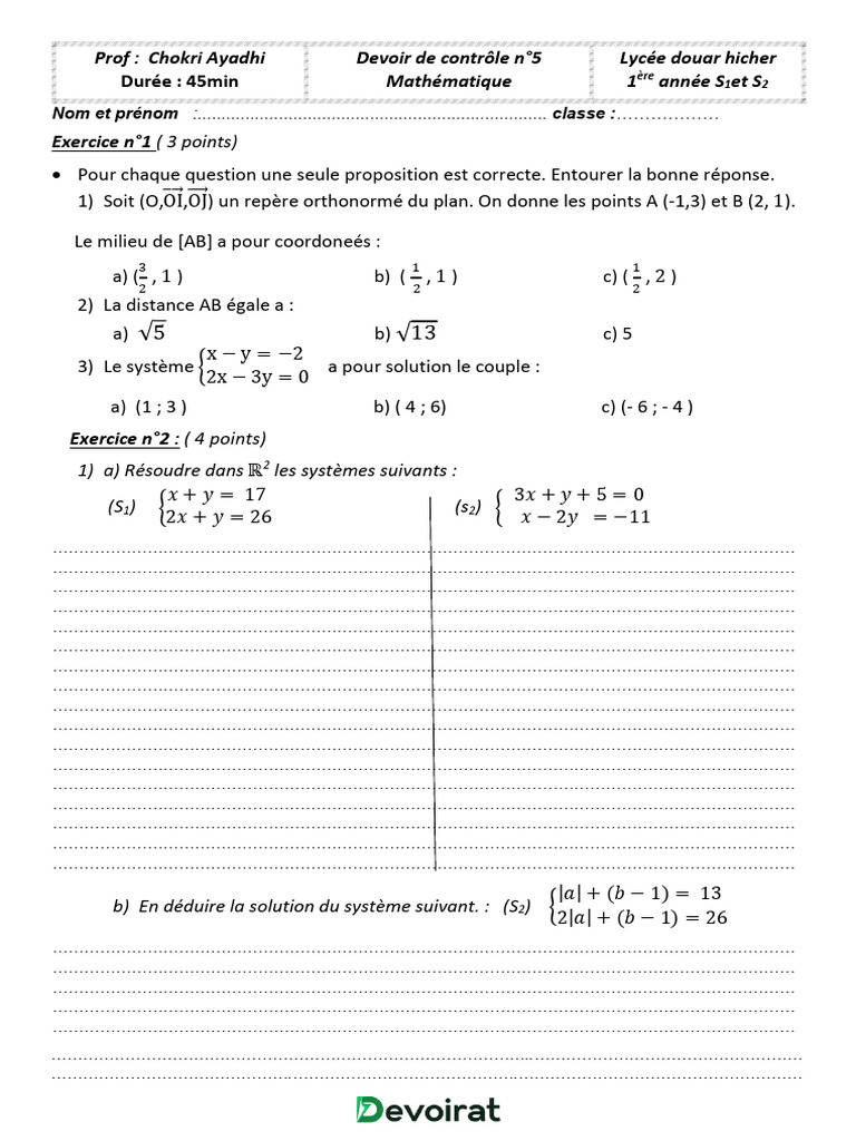 Devoir de Contrôle N°5 - Math - 1ère AS (2023-2024) Mr Ayadhi chokri (1 ...