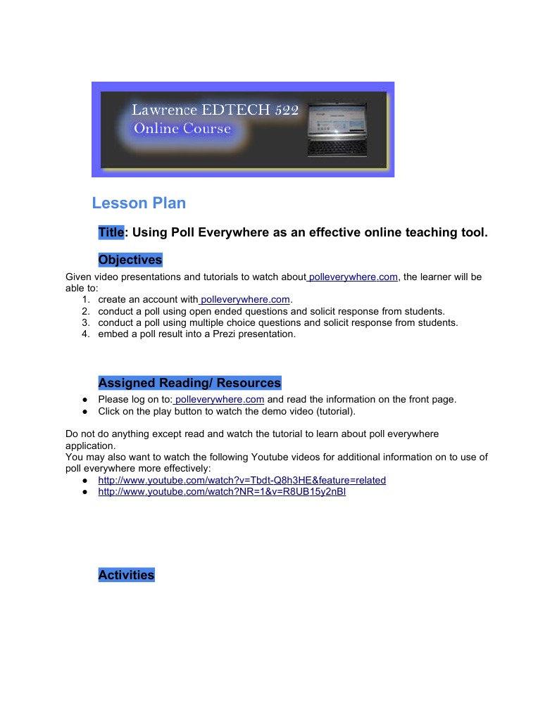 Lesson Plan: Title: Using Poll Everywhere As An Effective Online ...