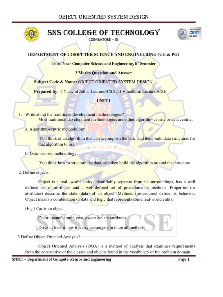 SNS College of Technology: Object Oriented System Design | PDF | Inheritance (Object Oriented ...