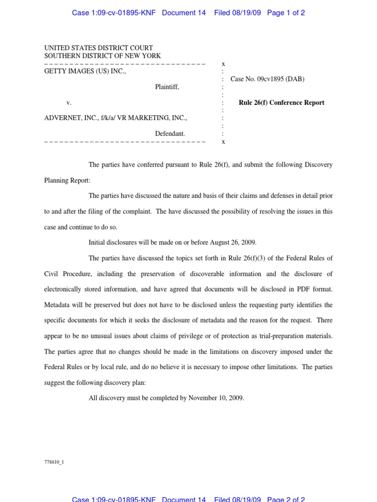 Rule 26(f) Discovery Conference Report | PDF | Discovery (Law) | Metadata