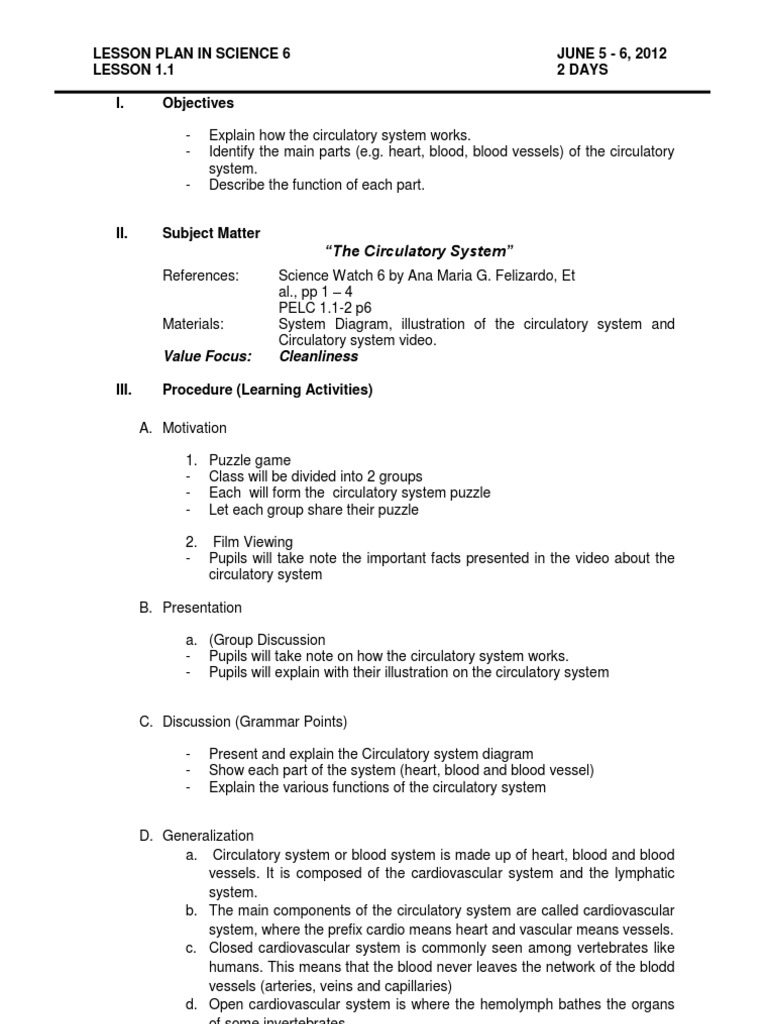 Lesson Plan in Science 6 Lesson 1.1 | PDF | Circulatory System | Blood ...