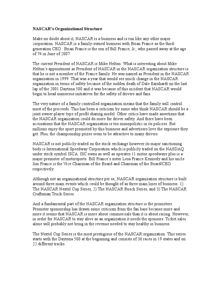 NASCARs Organizational Structure | PDF | Nascar | Stock Car Races