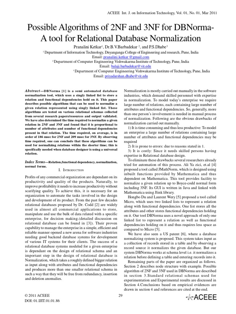 Possible Algorithms of 2NF and 3NF For DBNorma - A Tool For Relational Database Normalization ...