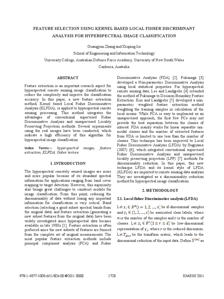 Feature Selection Using Kernel Based Local Fisher Discriminant Analysis For Hyperspectral Image ...