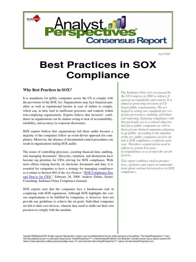 Best Practice SOX Complince | PDF | Sarbanes–Oxley Act | Regulatory ...