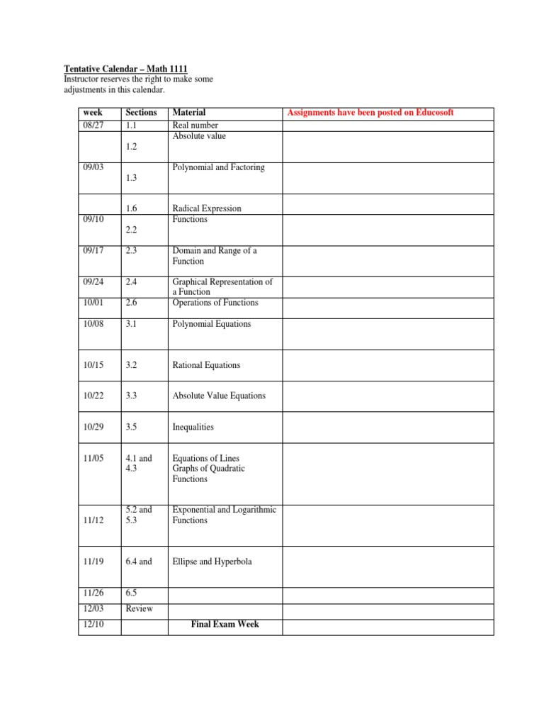 Tentative Calendar-Fall | PDF